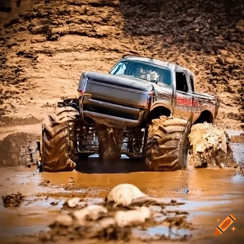 Cowboy driving a monster truck through muddy pit