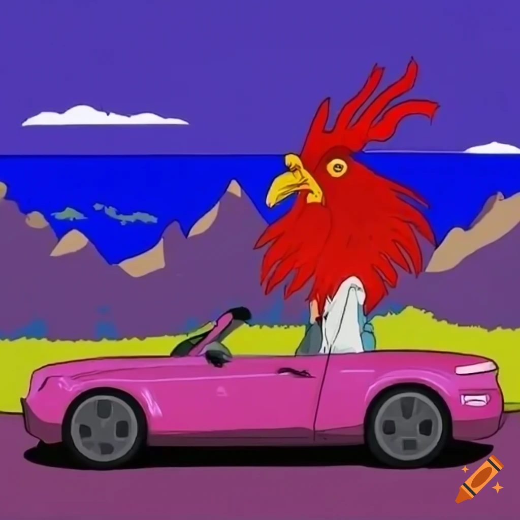 Humorous illustration of a man with rooster head driving a convertible ...