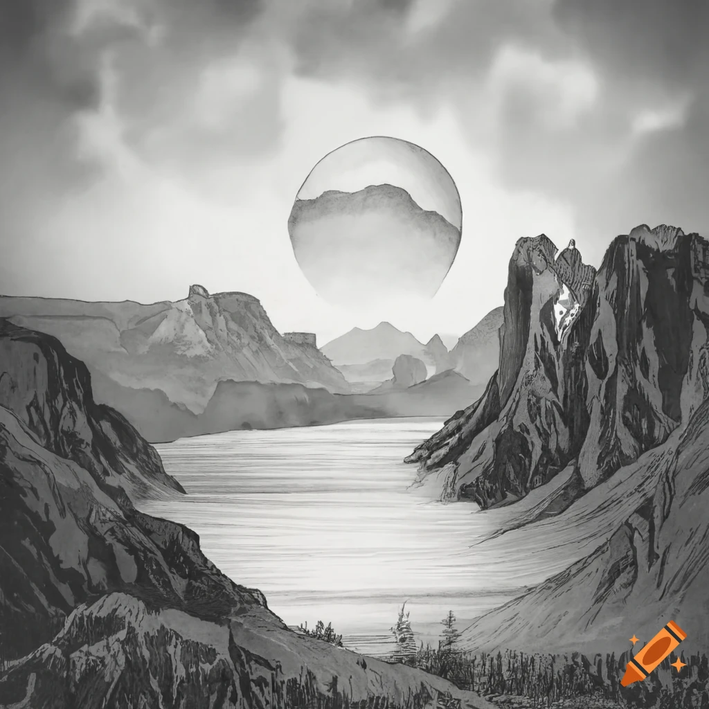 Pen and ink drawing of a foreboding landscape with a floating eyeball