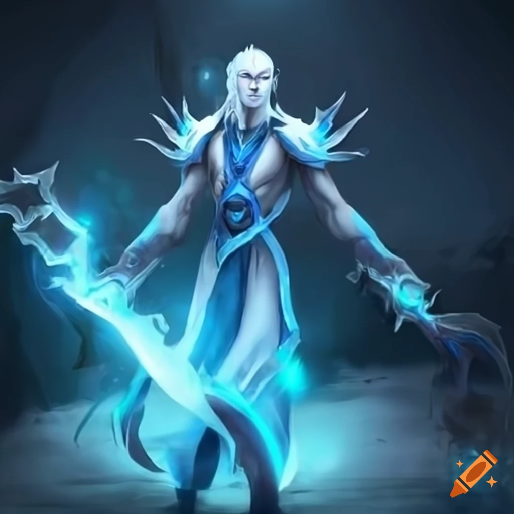 Full body image of a male ice mage with glowing blue eyes