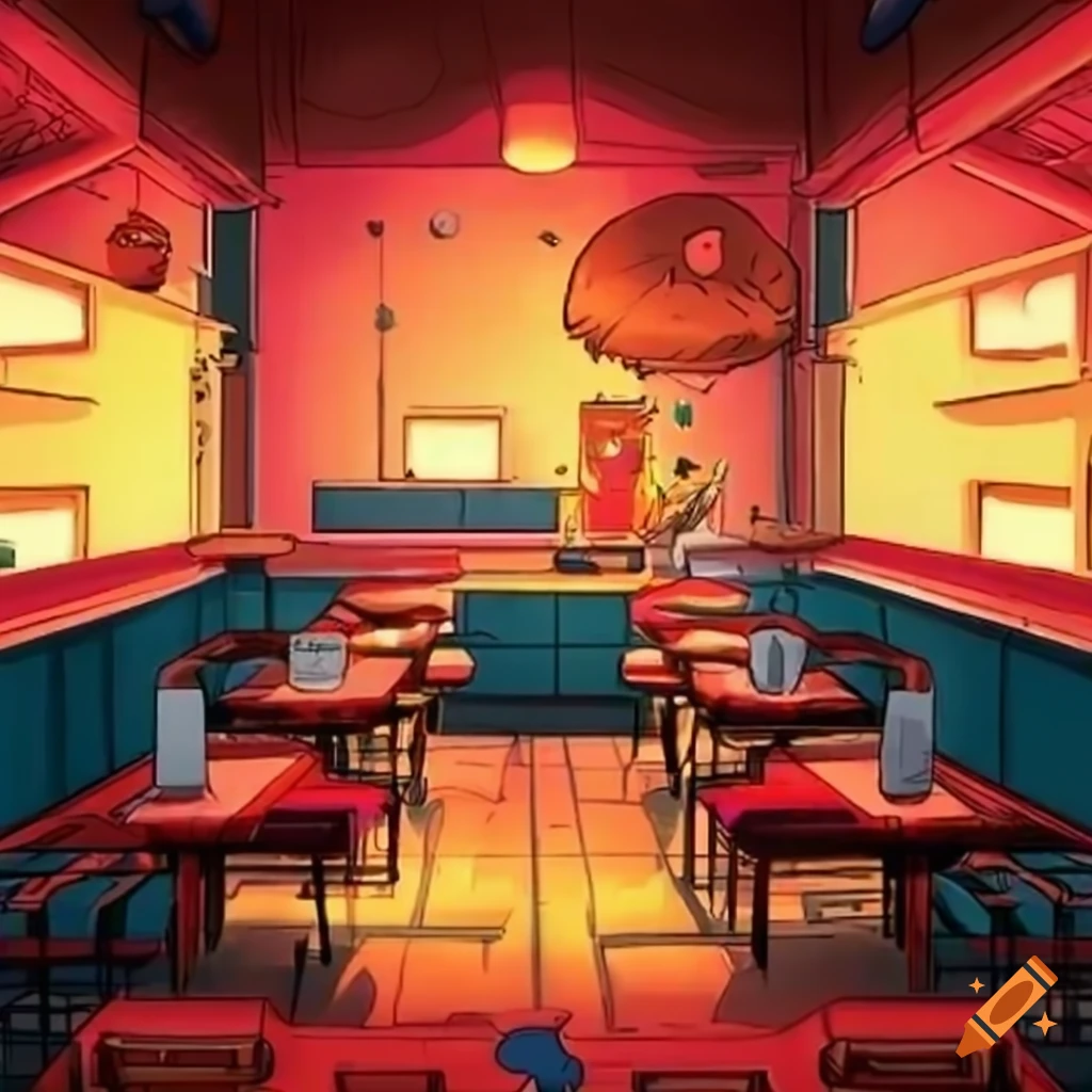 80s anime-style cafeteria