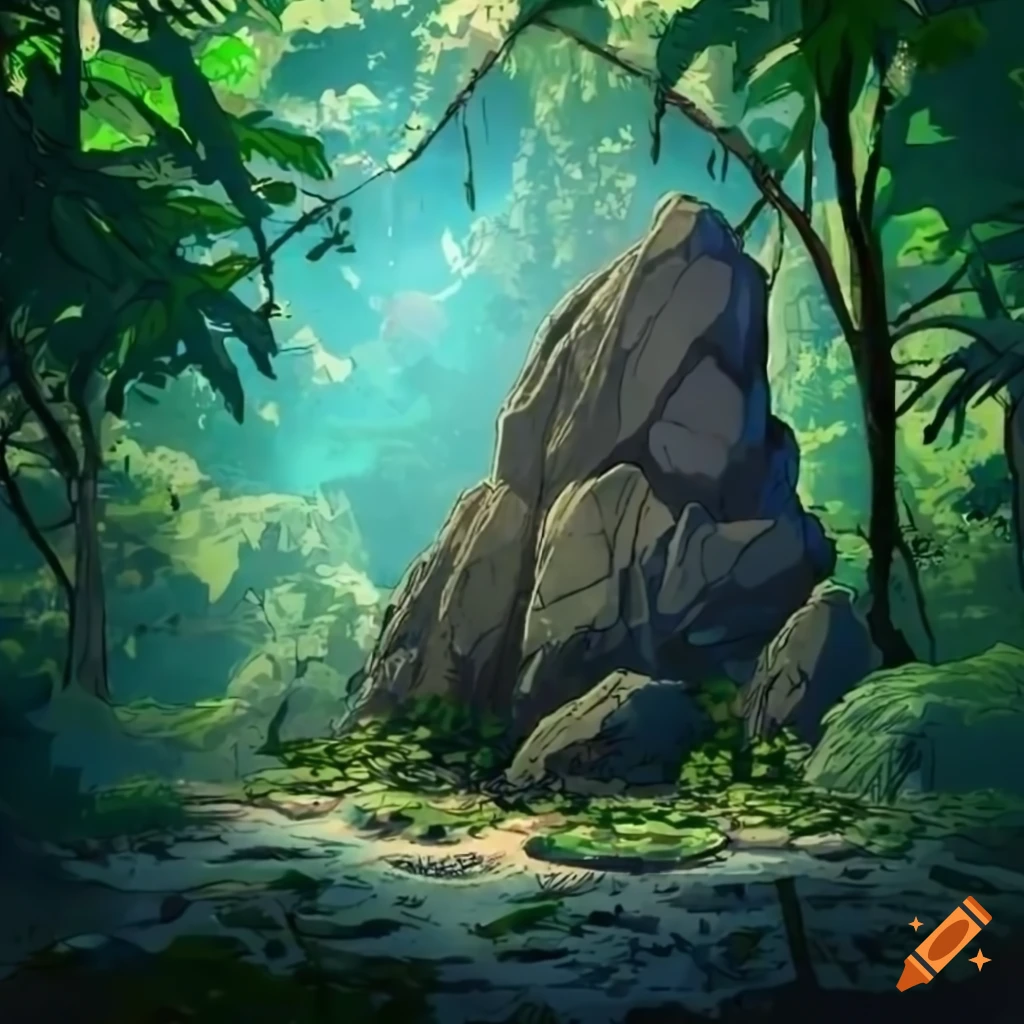 Manga style illustration of a shiny gray rock in a rainforest on Craiyon