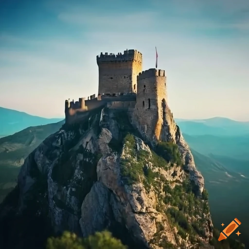 Medieval knight in front of castle in Corsican mountains on Craiyon