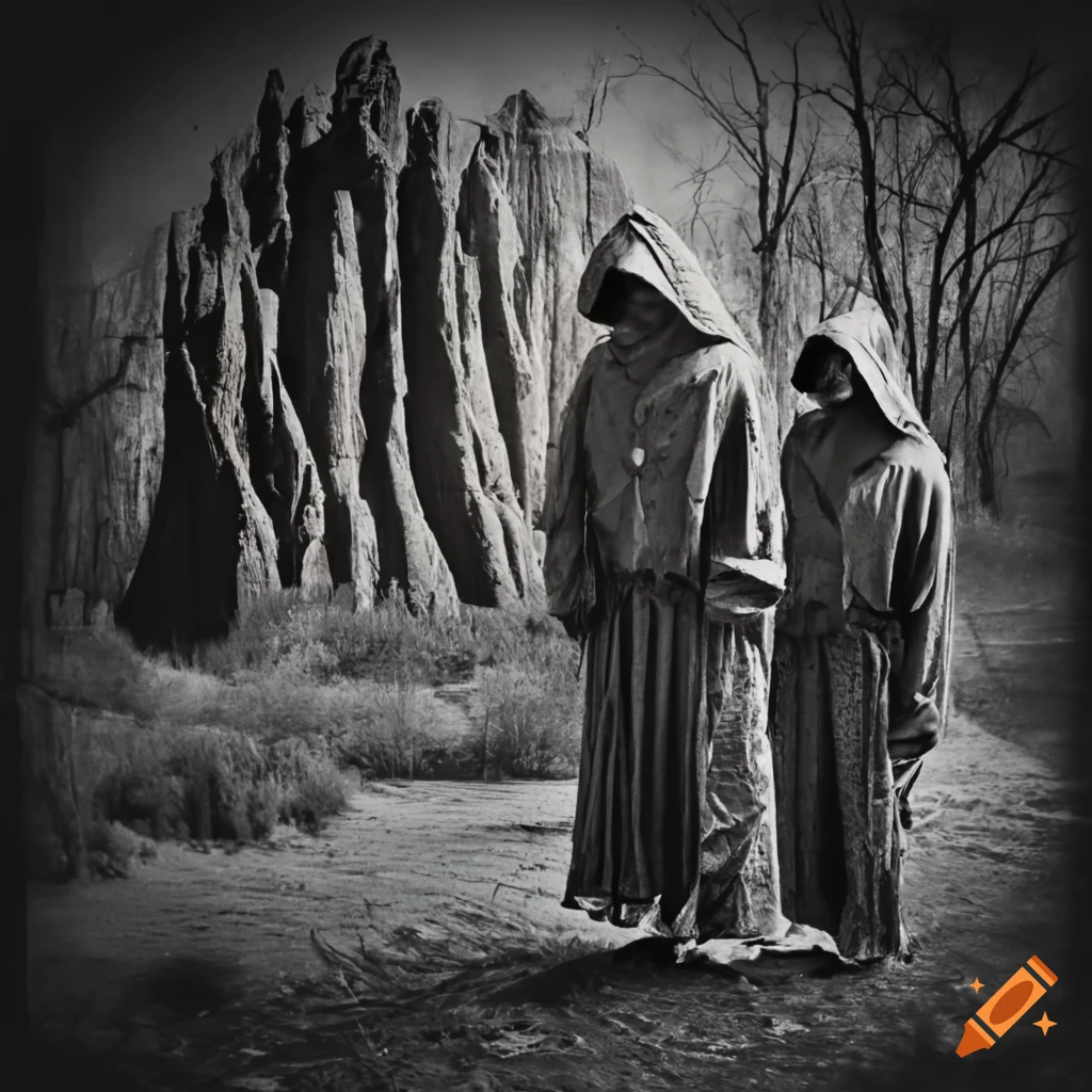 Mysterious hooded figures standing in a canyon on Craiyon