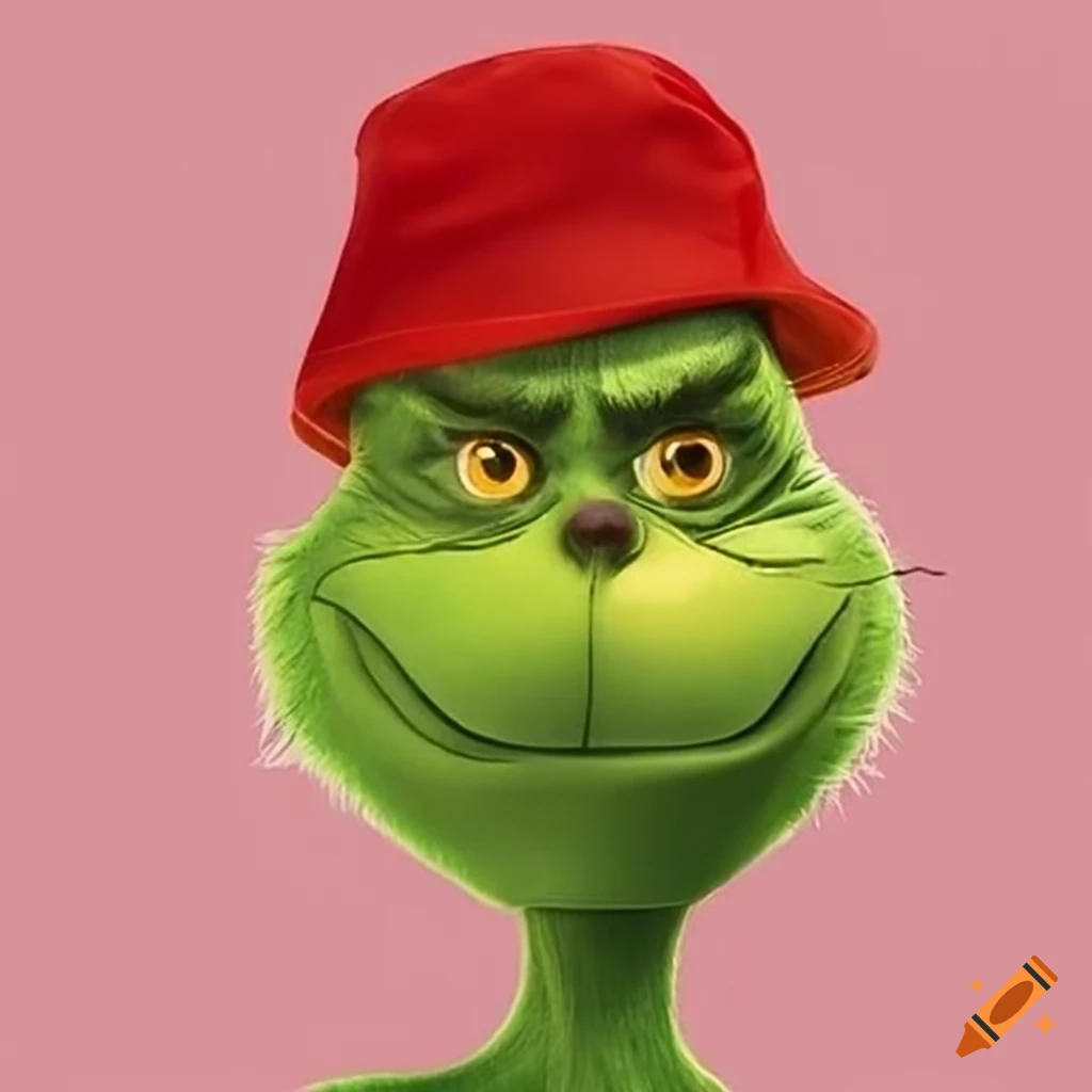 Grinch wearing a red transparent bucket hat