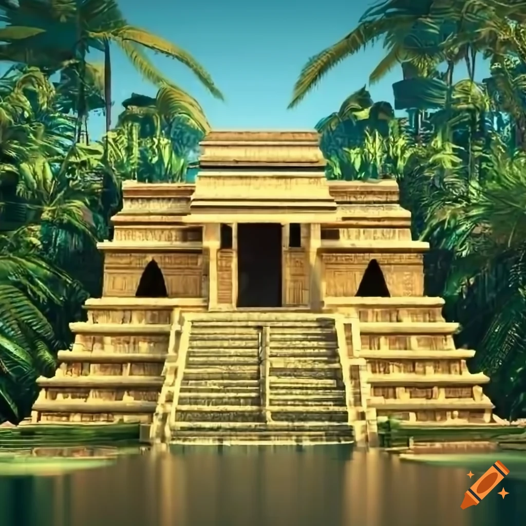 3D rendering of a golden Aztec temple in a tropical forest on Craiyon