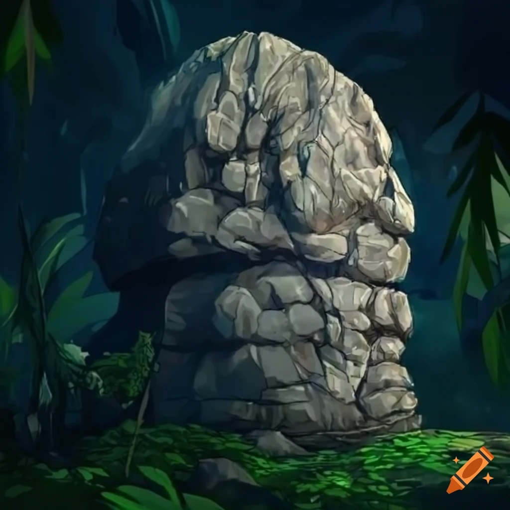 Manga-style illustration of a shiny gray rock in a jungle