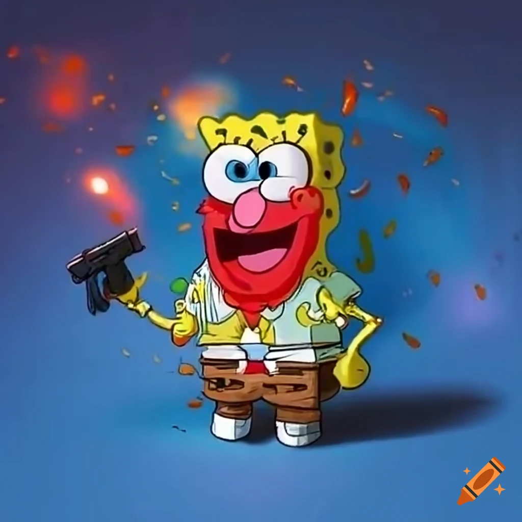 Spongebob shooting elmo in a satirical illustration on Craiyon