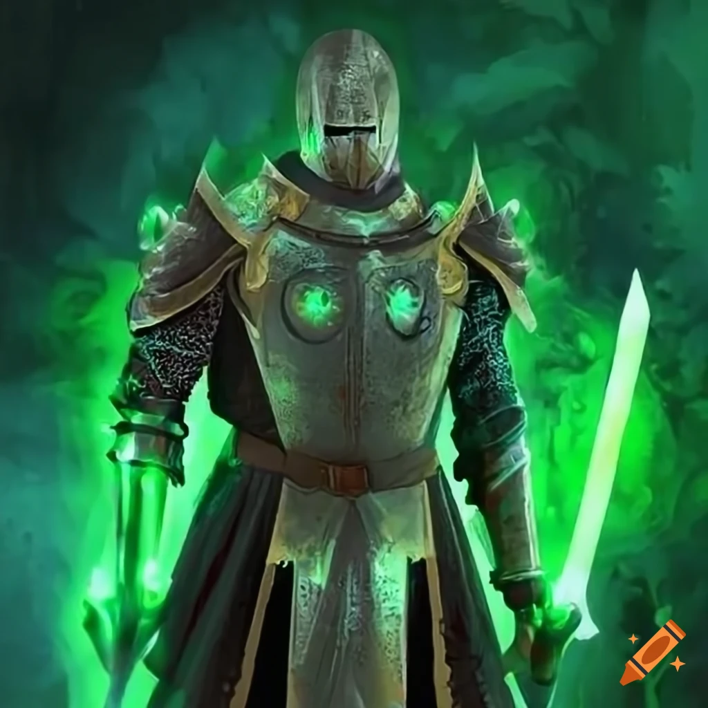 Knight with green glowing magical armor on Craiyon