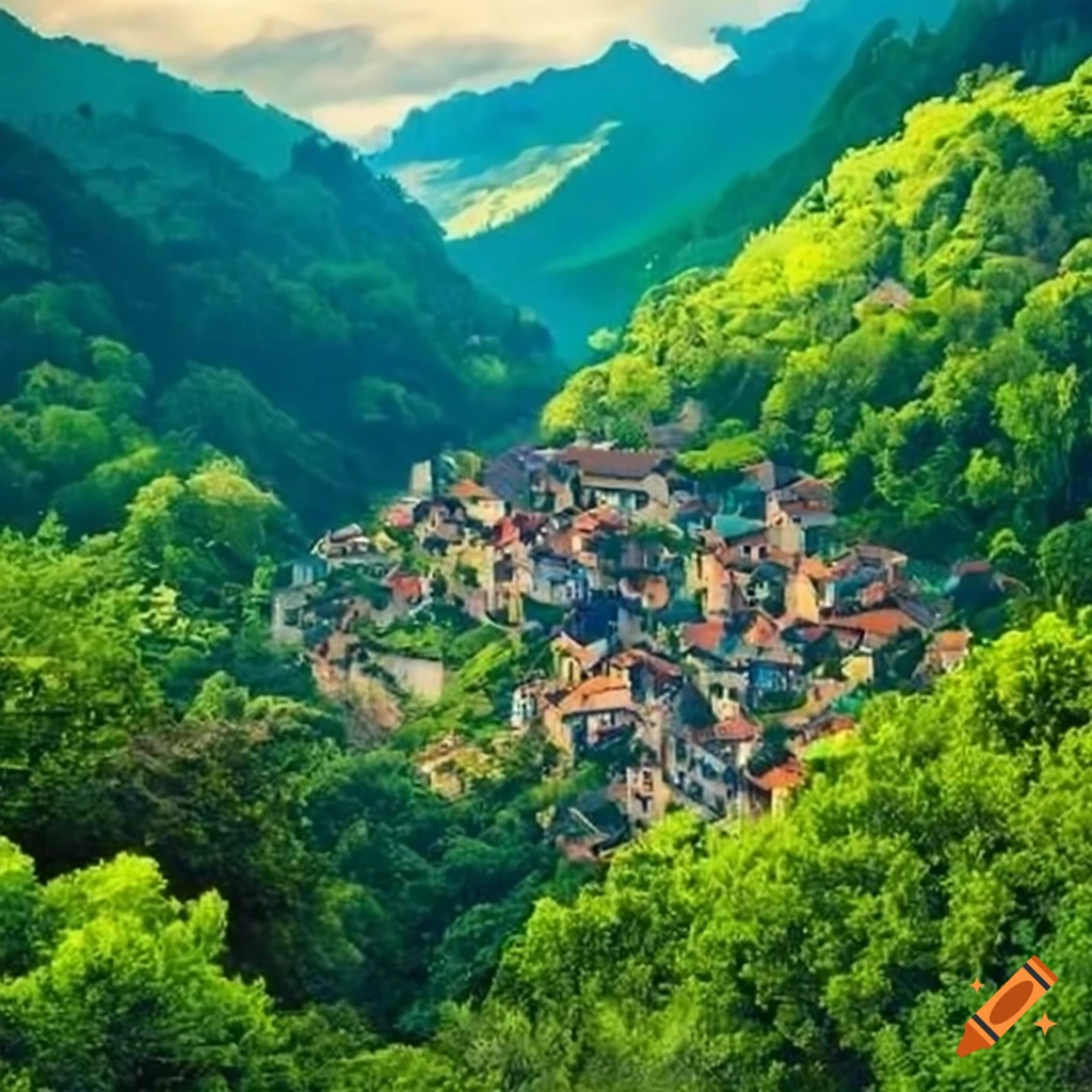Green town nestled between hills on Craiyon
