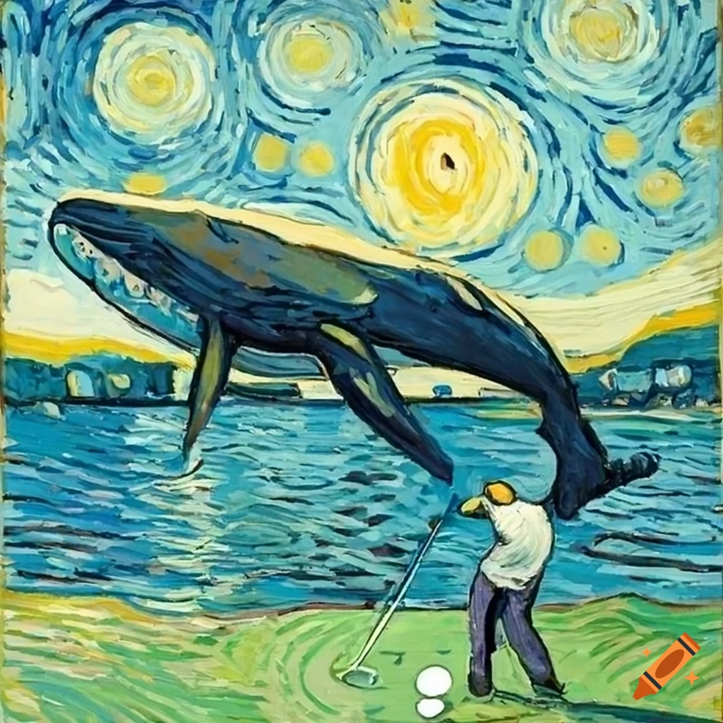 Whale playing golf artwork in van gogh style