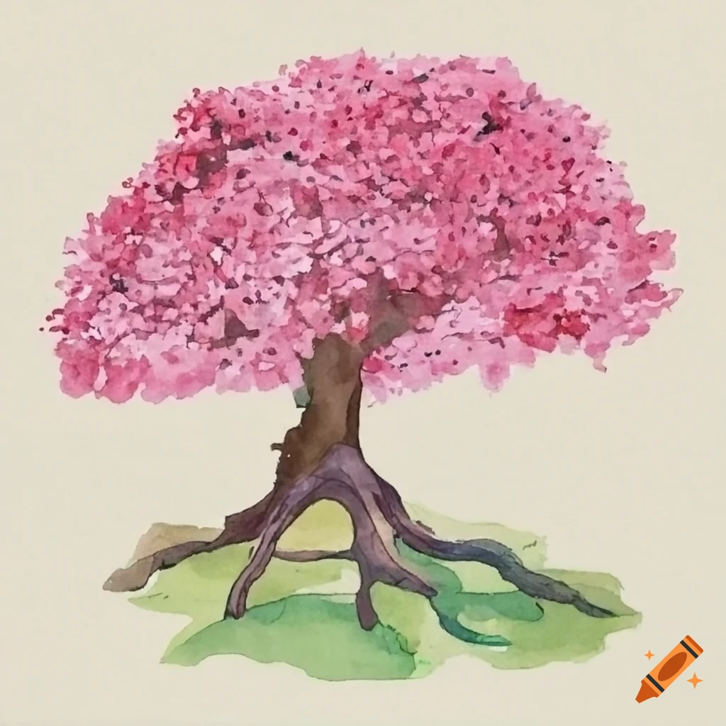 Watercolor painting of japan cherry tree foliage