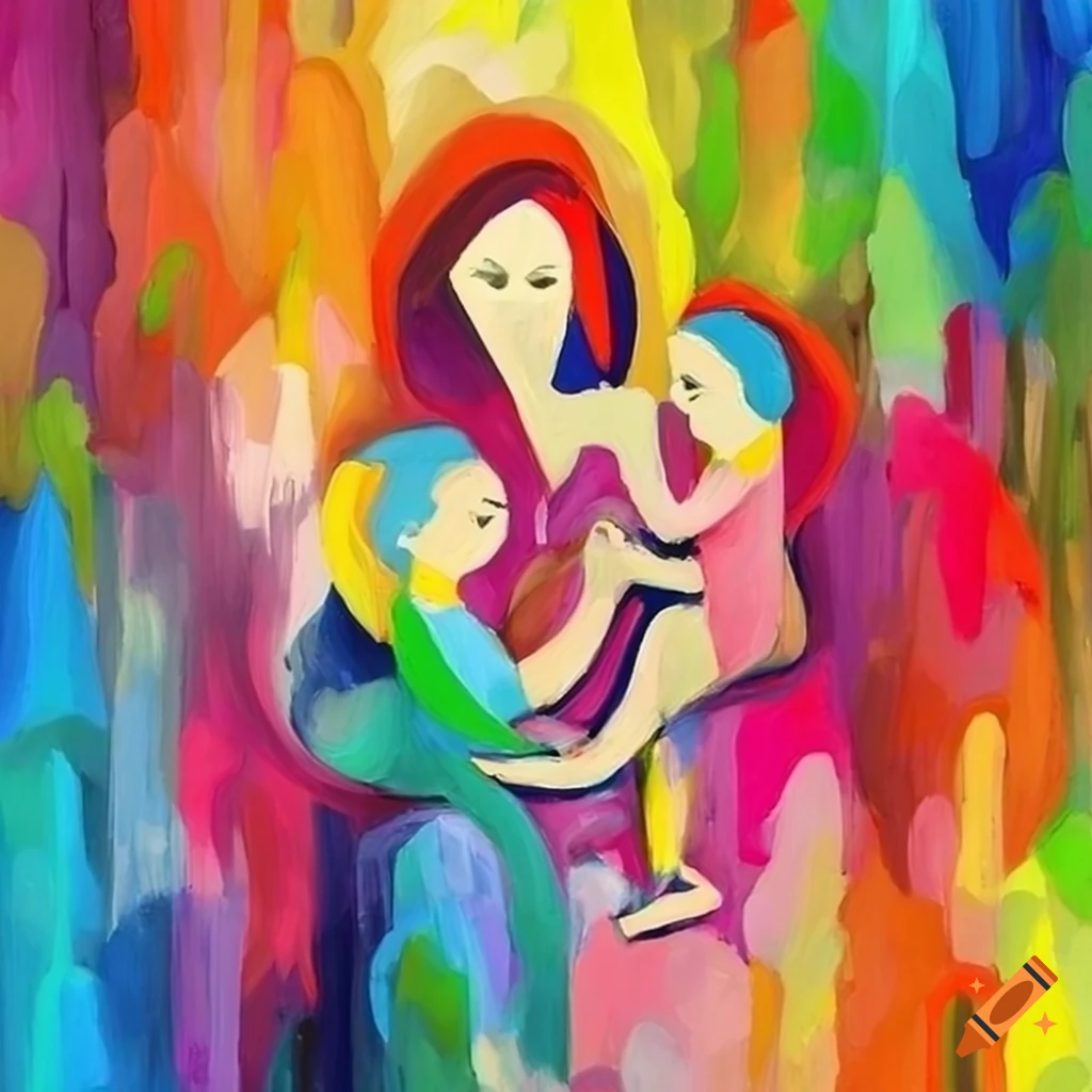 Colorful abstract painting of a family
