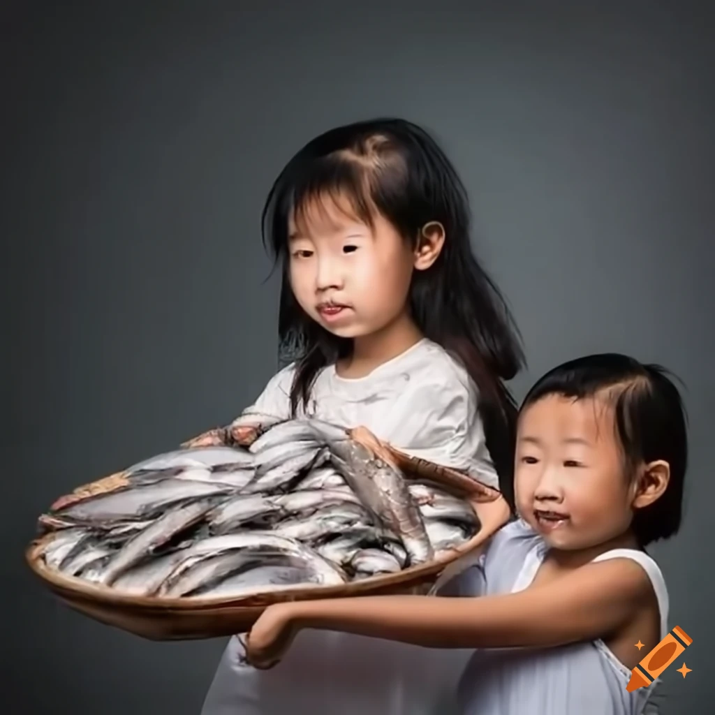 Asian kids holding many fish at the market on Craiyon