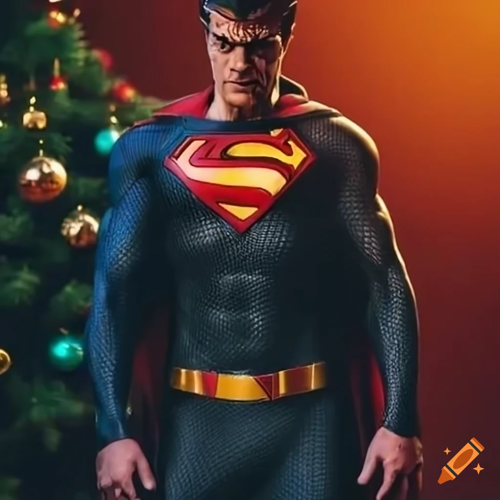 Superman in black suit standing in front of a christmas tree