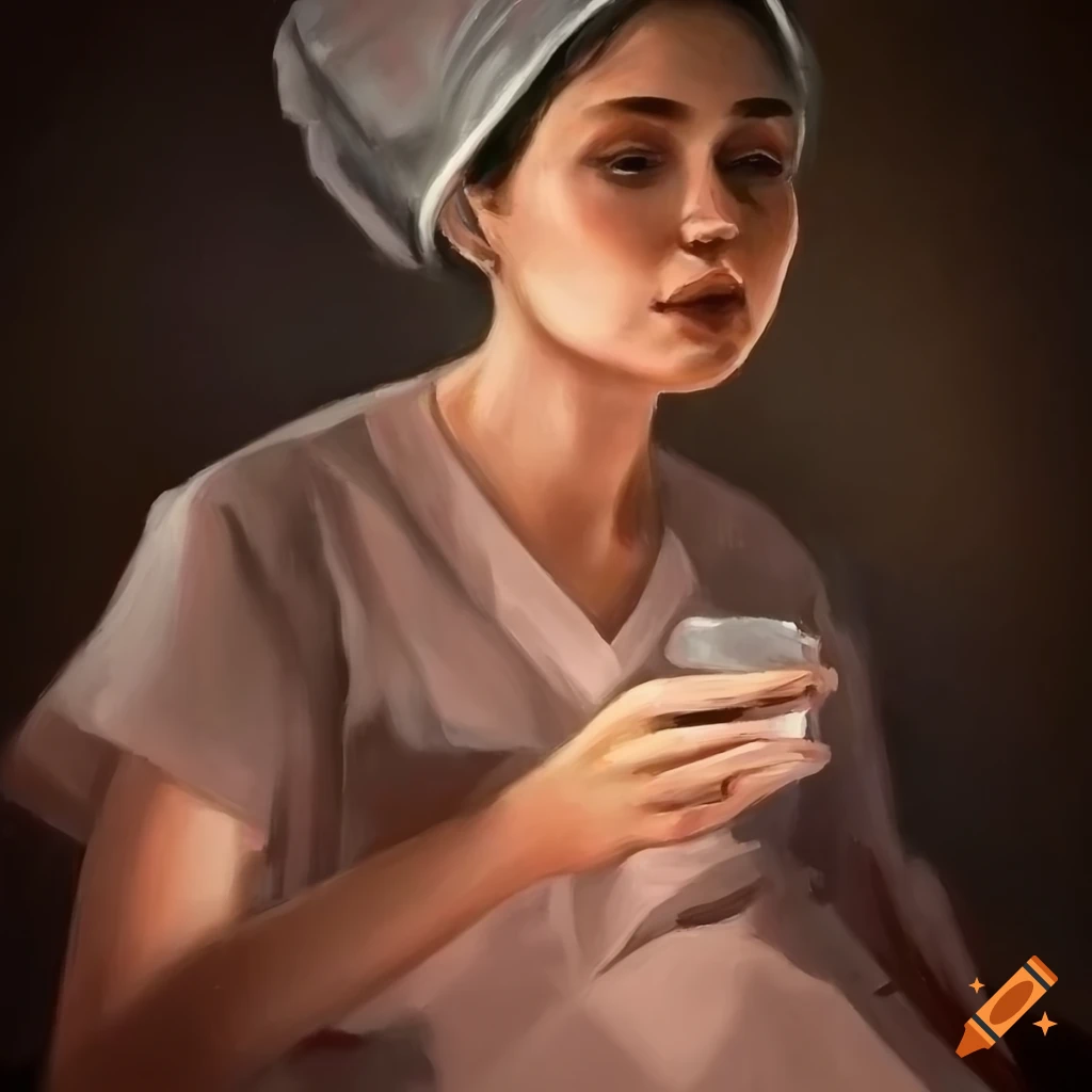 Oil painting of a caring nurse