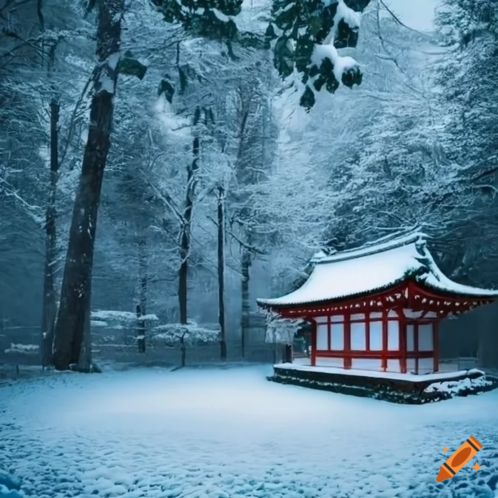 Snow-covered japanese temple in a forest