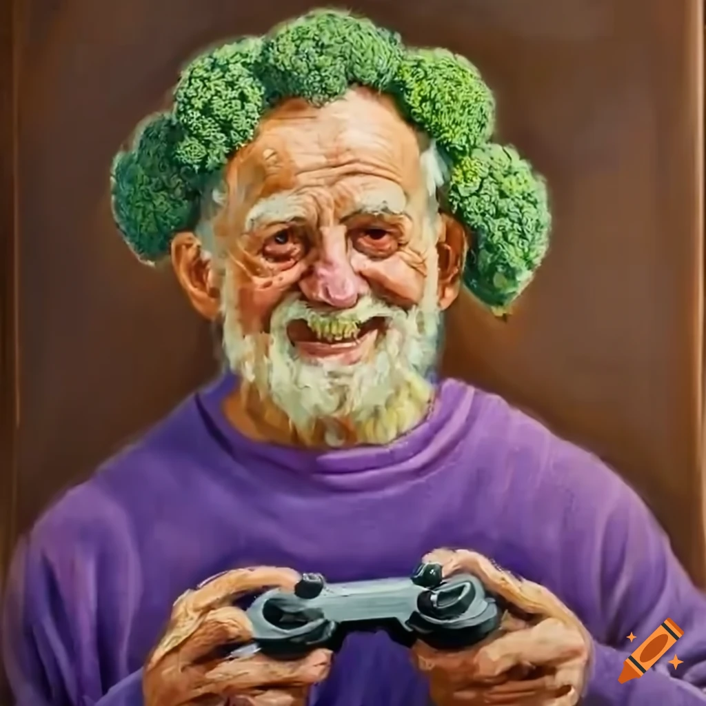 Elderly man with broccoli on head playing video games