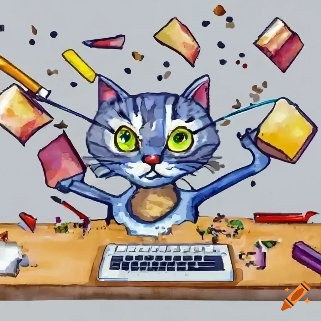 Vintage cat illustration multitasking on a computer on Craiyon