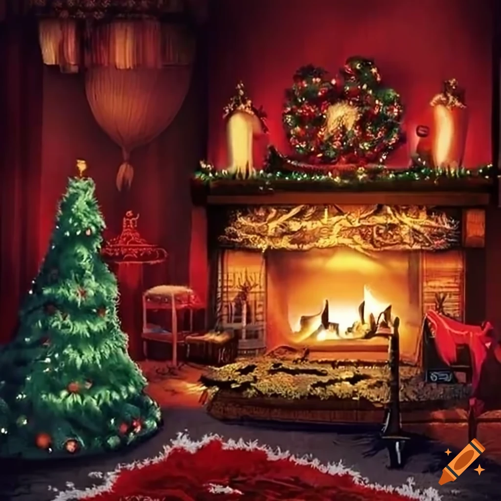 Festive christmas carpet by a fireplace and a tree on Craiyon