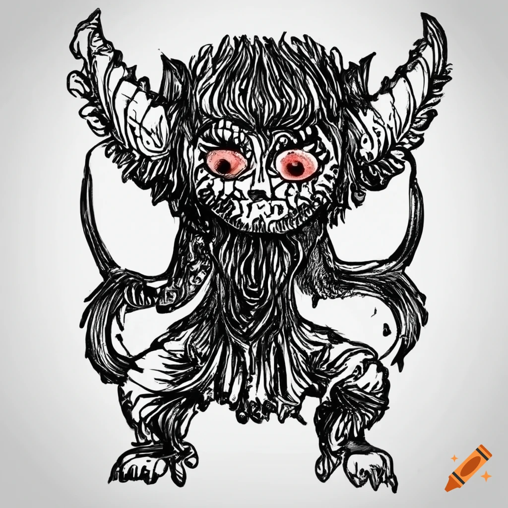 Black and white doodle of a tiny demon
