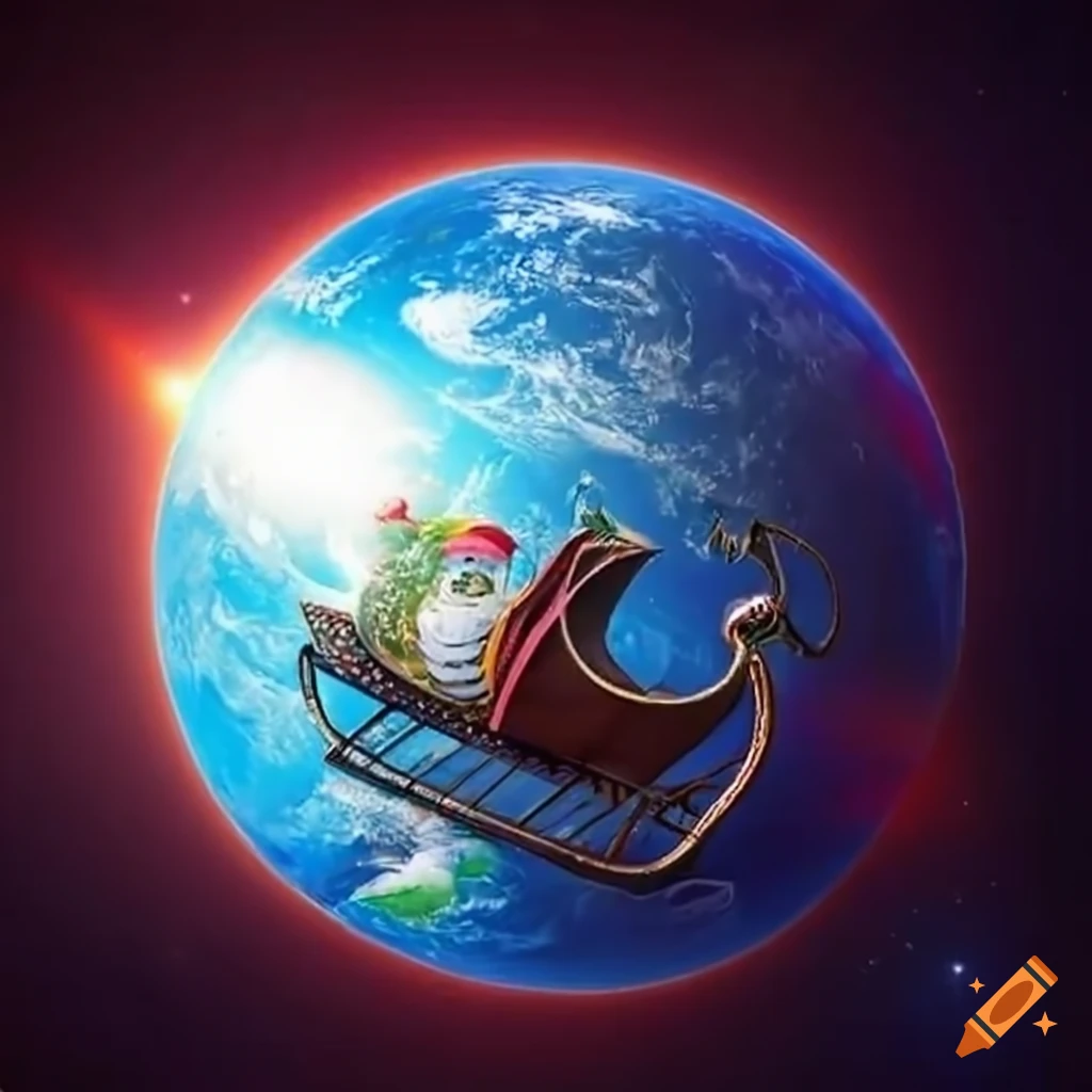 Santa sleigh flying in orbit around earth at sunrise