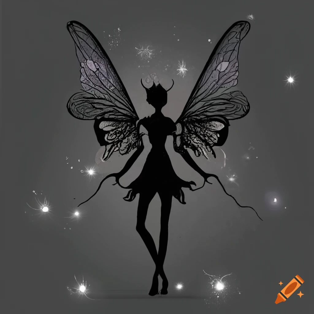 Dark tattoo design of a fairy silhouette with sparkles