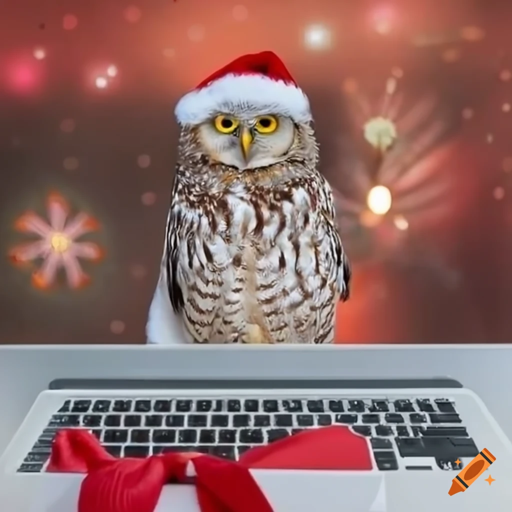 Festive owl in front of a computer