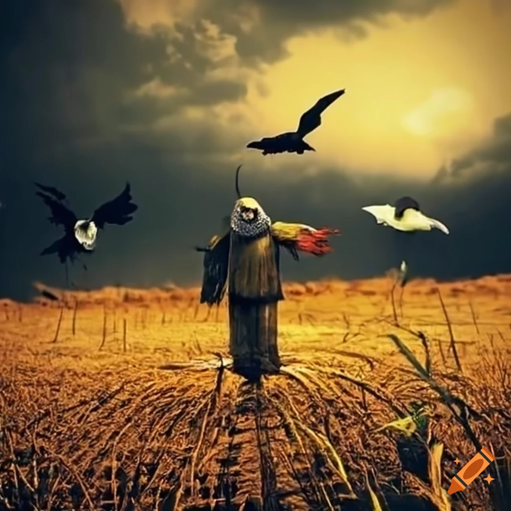 Scarecrow protecting a cornfield from crows