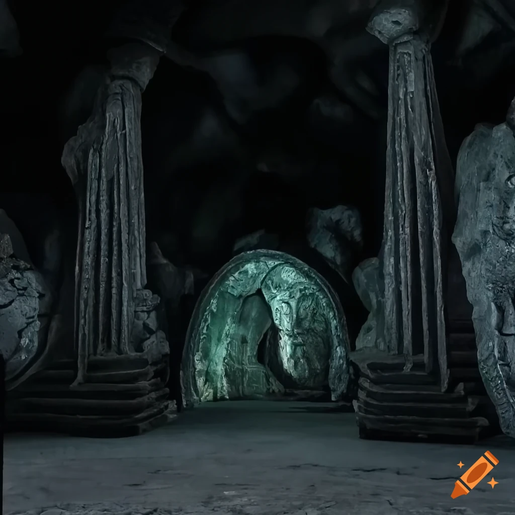 Gothic snake statues in a dark cavern