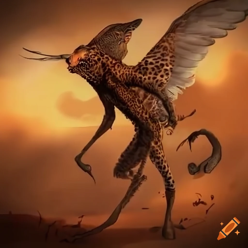Artistic depiction of a mythical creature with wings and leopard legs on Craiyon