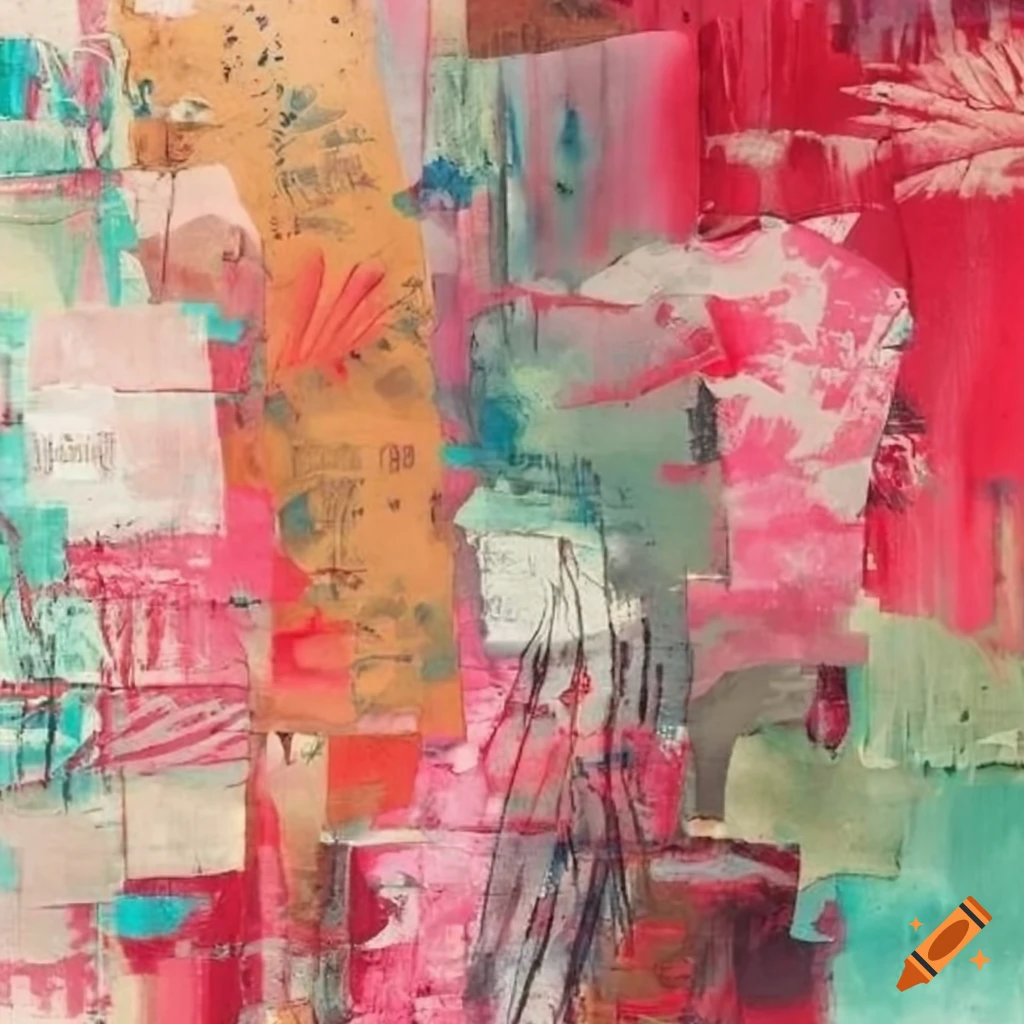 Mixed media collage with textured newspaper background on Craiyon