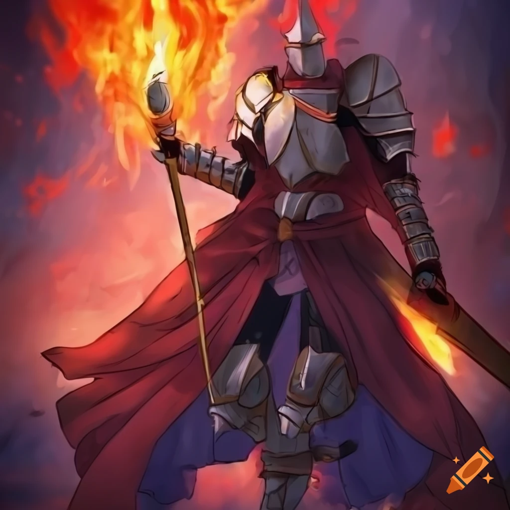 Anime-style knight and guard captain by the fire