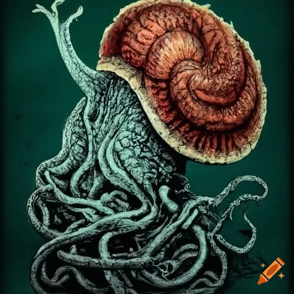 Etching of a snail cthulhu creature