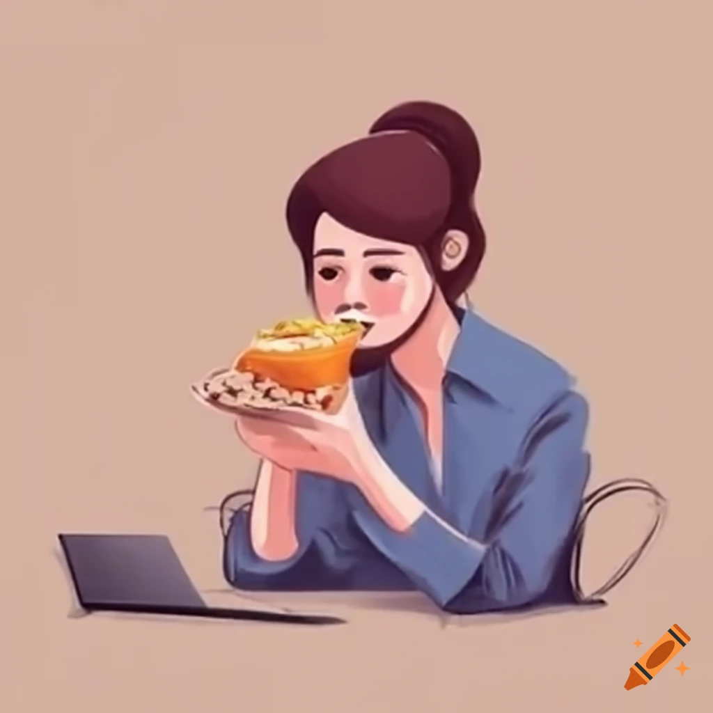 Office worker enjoying snacks while working remotely on Craiyon