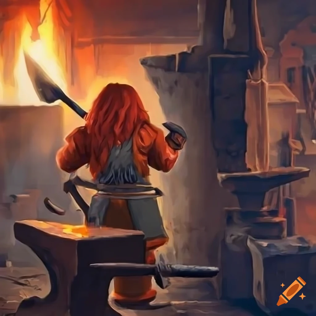 Fantasy dwarf blacksmith forging a magic sword on Craiyon