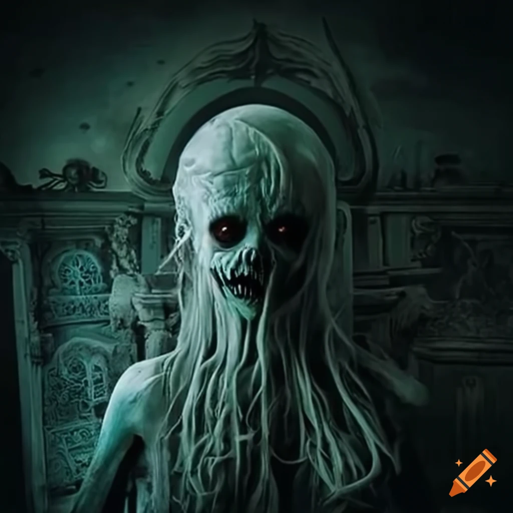 Haunting image of spooky creatures in an abandoned mansion