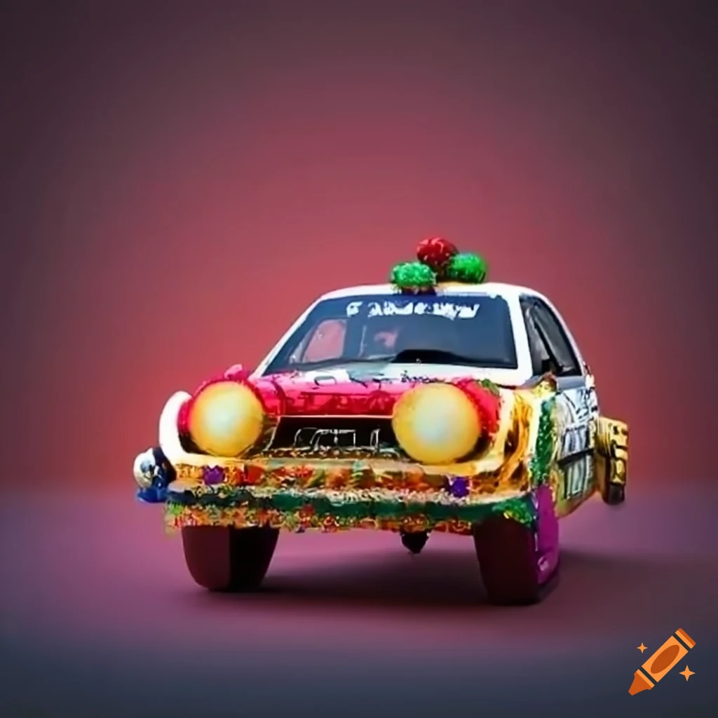 Rally car with colorful holiday ornaments