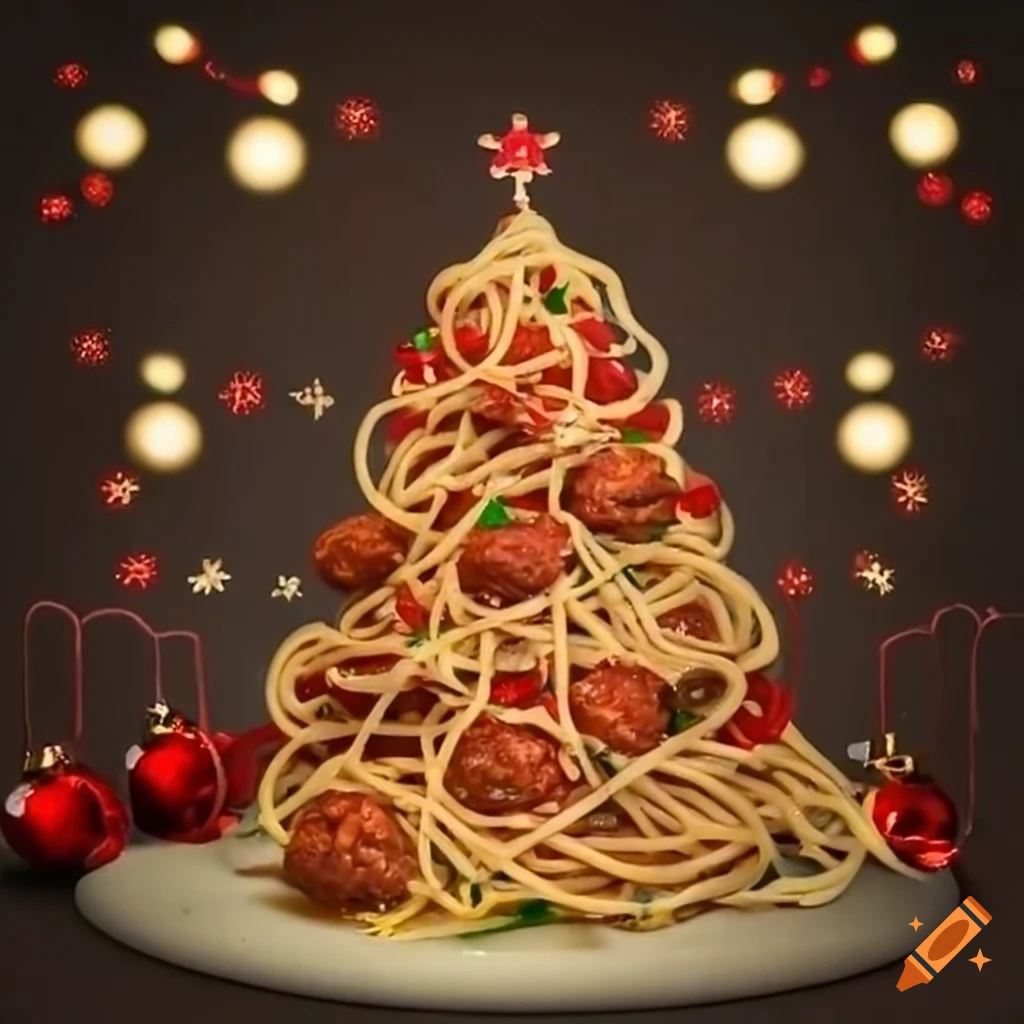 Realistic spaghetti christmas tree with meatball baubles