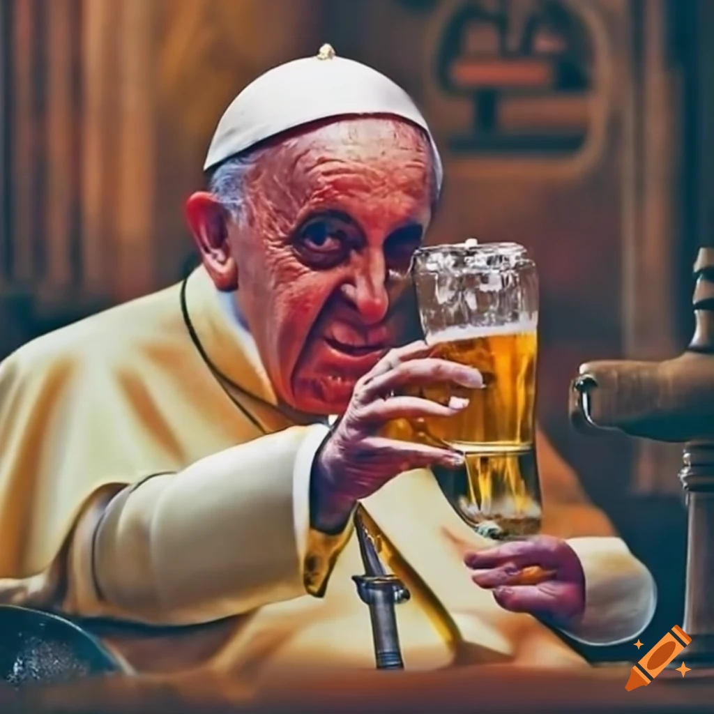 Satirical image of the pope drinking beer in a pub on Craiyon