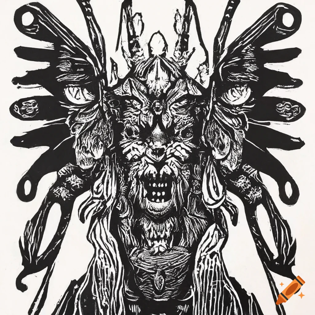 Linocut of Baal Zebul, a powerful and majestic demon on Craiyon