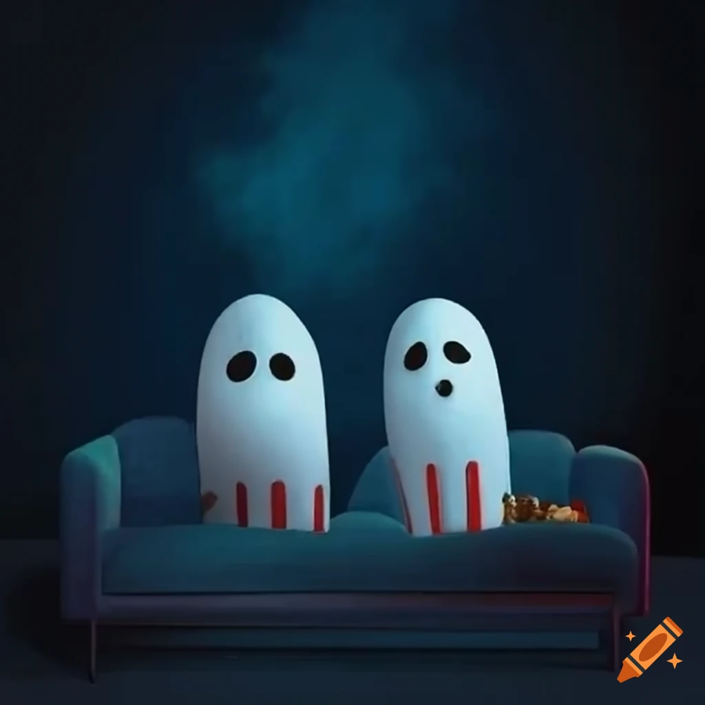 Humorous image of two ghosts enjoying a movie night on Craiyon