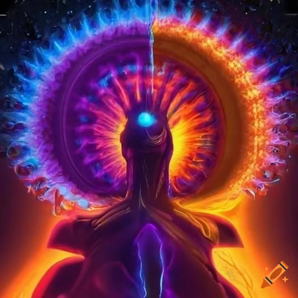 Artistic depiction of a powerful god with fiery aura