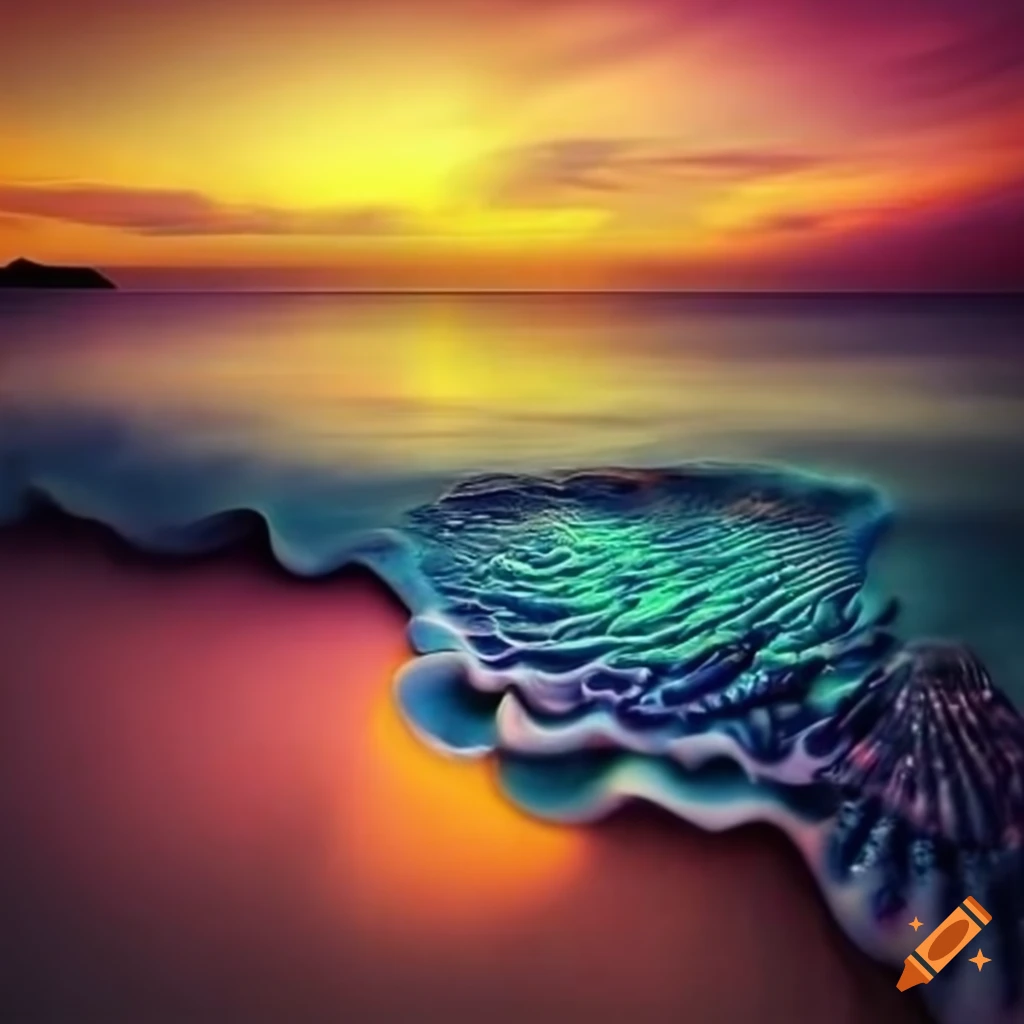 Surrealist beach with surreal shells, waves and exotic flowers