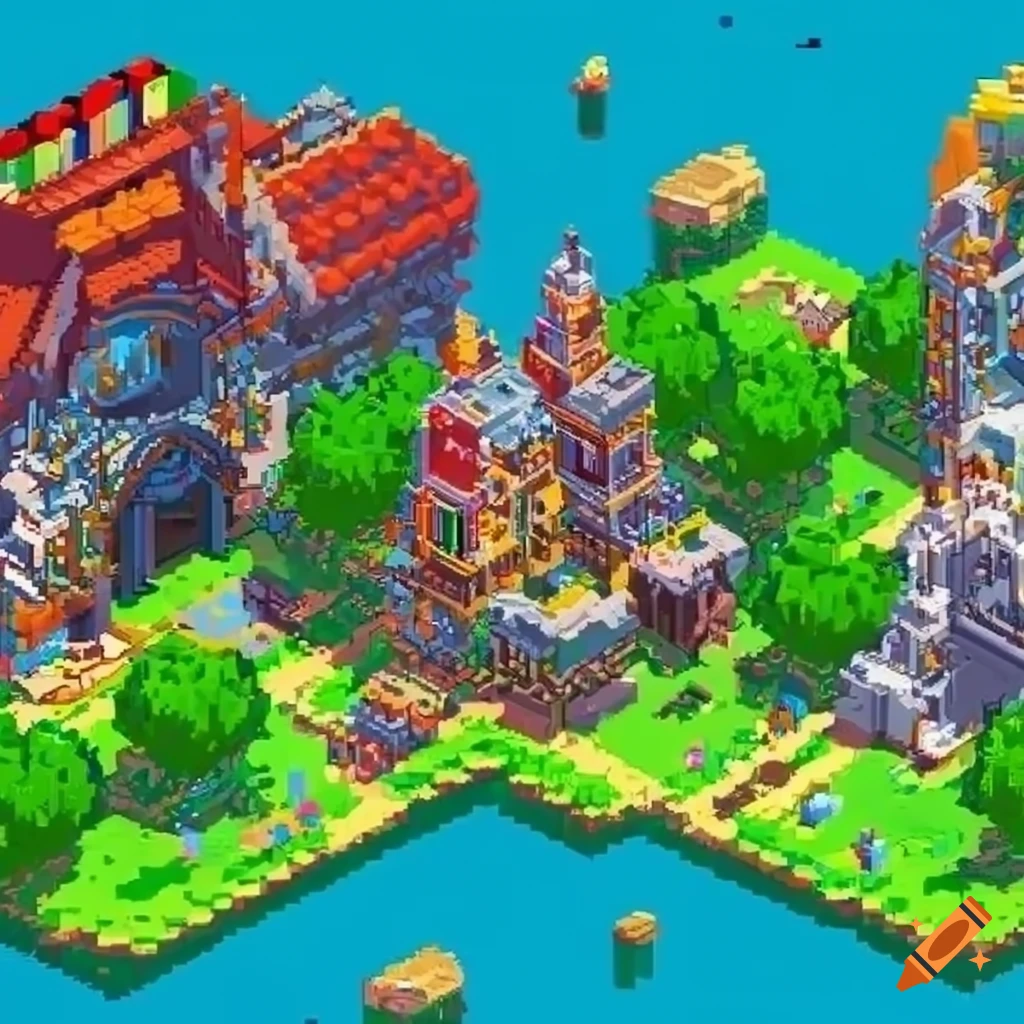 Colorful pixel art of an isometric game world