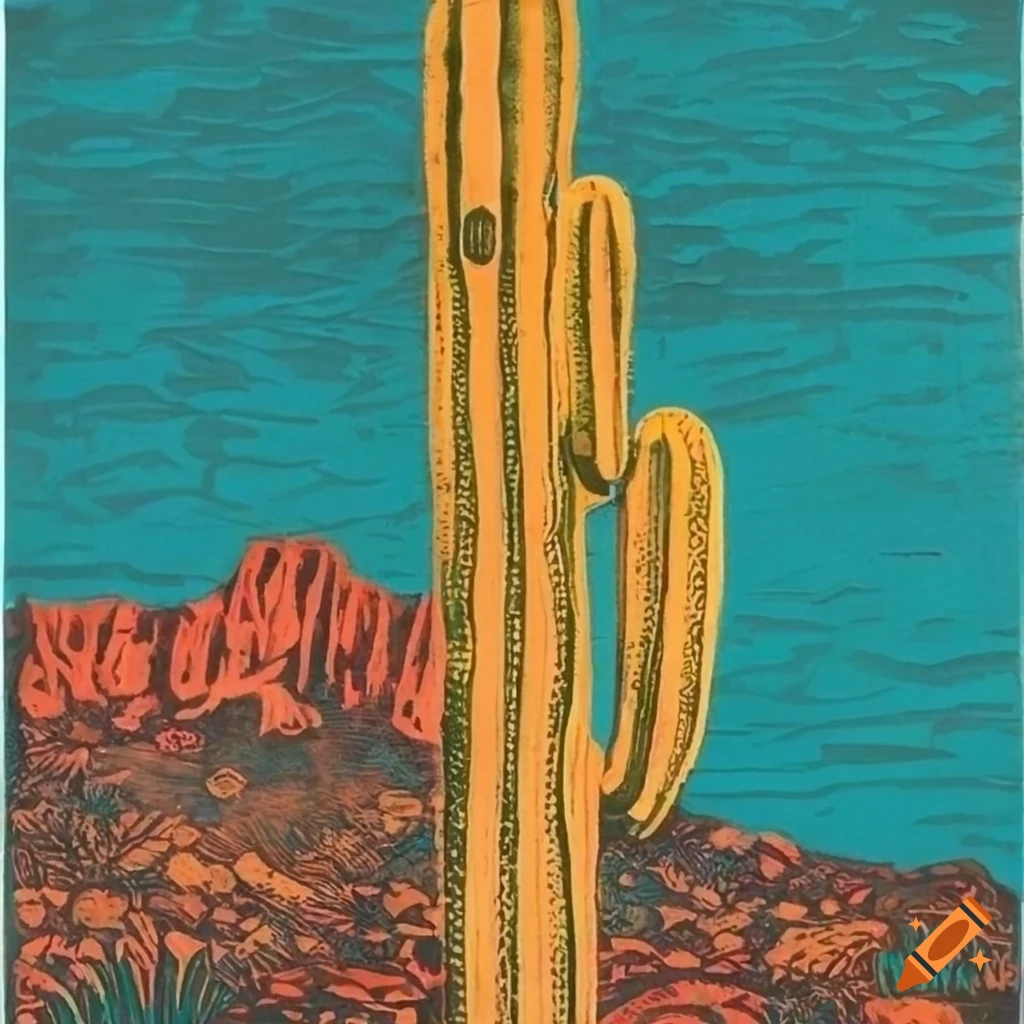 Linocut print of a saguaro cactus on Craiyon