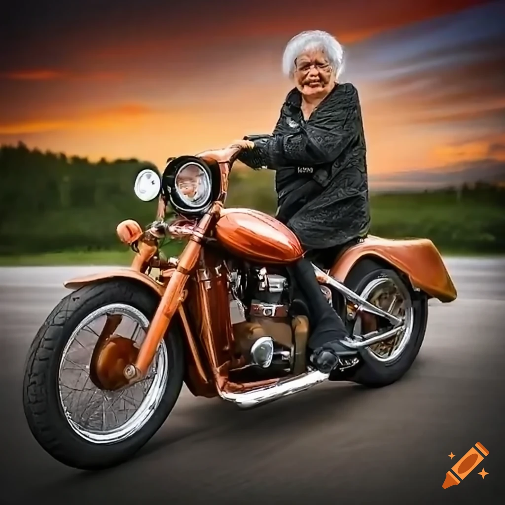 Image of a cool grandma riding a motorcycle on Craiyon