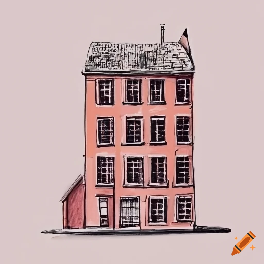 Elegant pencil drawing of a small brick apartment building on Craiyon
