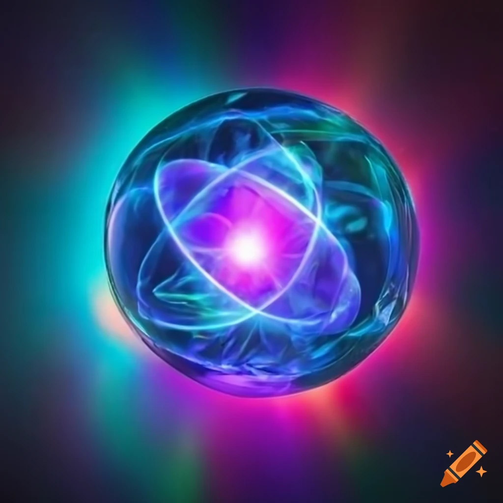 Image of an atom nucleus surrounded by colorful flashes in a crystal sphere