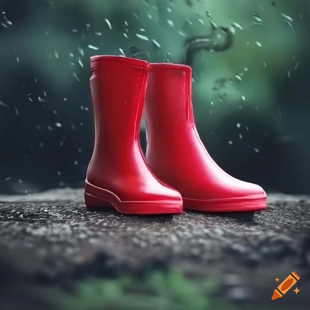 Red rain boots in the rain